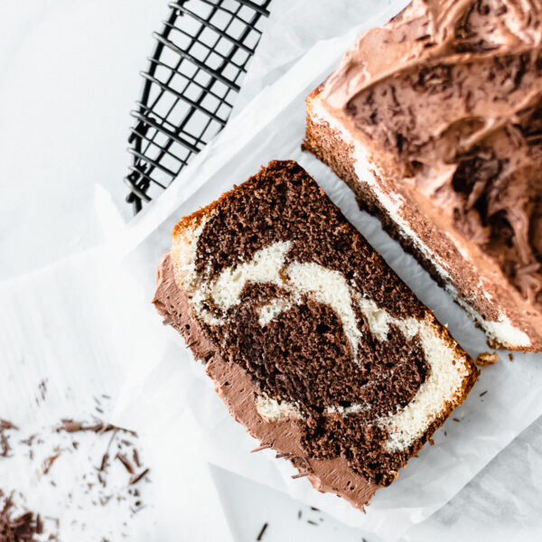 Marble Loaf Cake with Chocolate Buttercream - Buckets of Yum