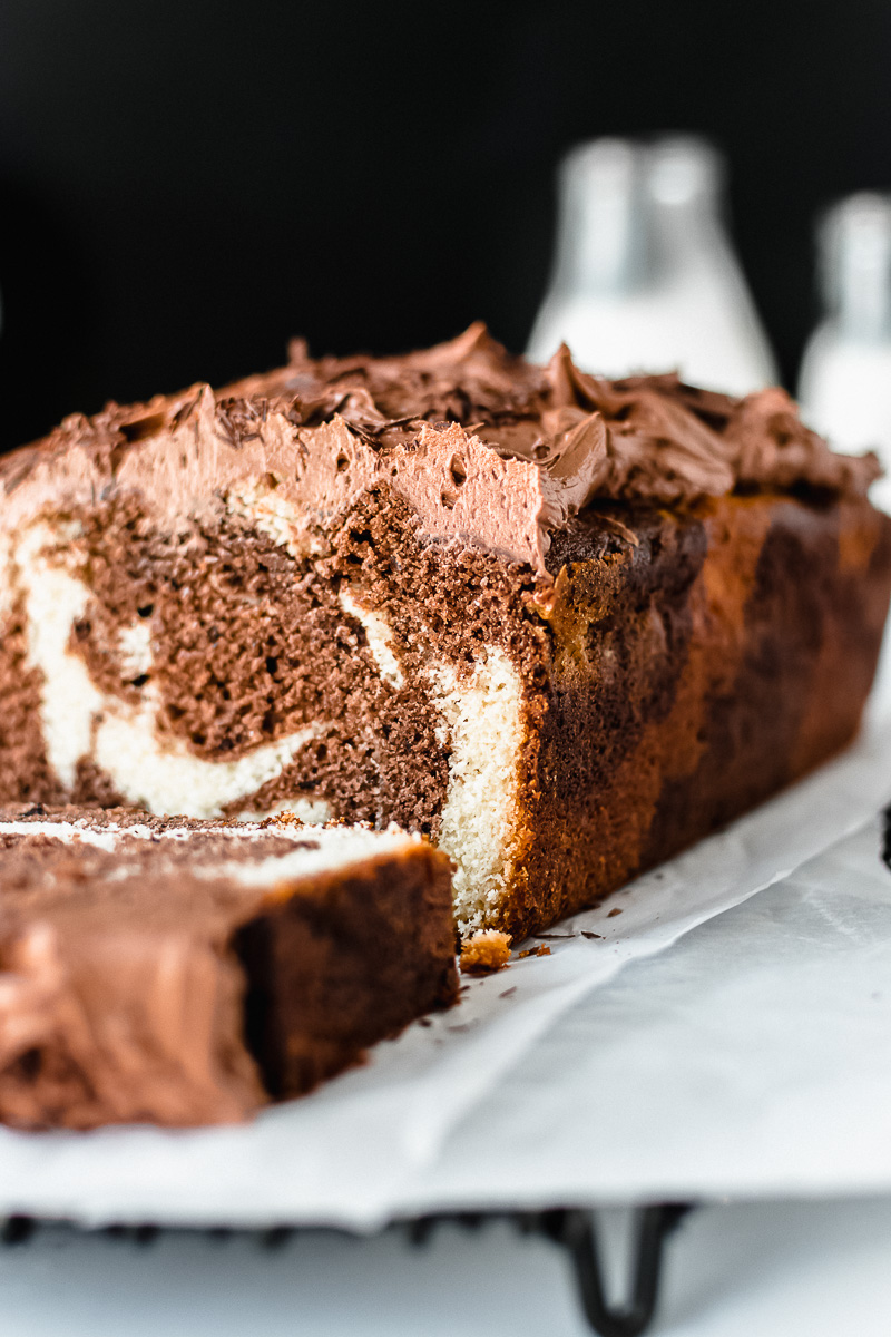 Marble Loaf Cake with Chocolate Buttercream - Buckets of Yum