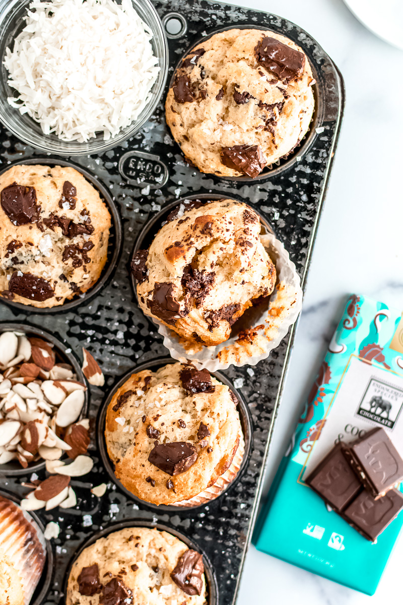 Coconut Almond Chocolate Chunk Muffins - Buckets of Yum